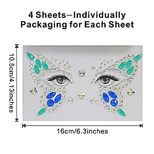 Noctilucent Face Jewels Temporary Tattoo-Luminous Face Gems Rhinestone Stickers Glow In Dark, Halloween, Rave Festival, Party Dress-up, Skeletons, Spiderwebs, Butterfly, Cat Costume Accessories(4Sets)