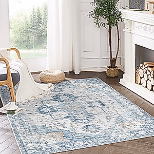 COLLACT Area Rug 4x6 Vintage Rug Indoor Floor Cover Print Distressed Carpet Blue Thin Rug Chenille Mat Foldable Accent Rug Lightweight for Kitchen Bathroom Living Room Bedroom Dining Room