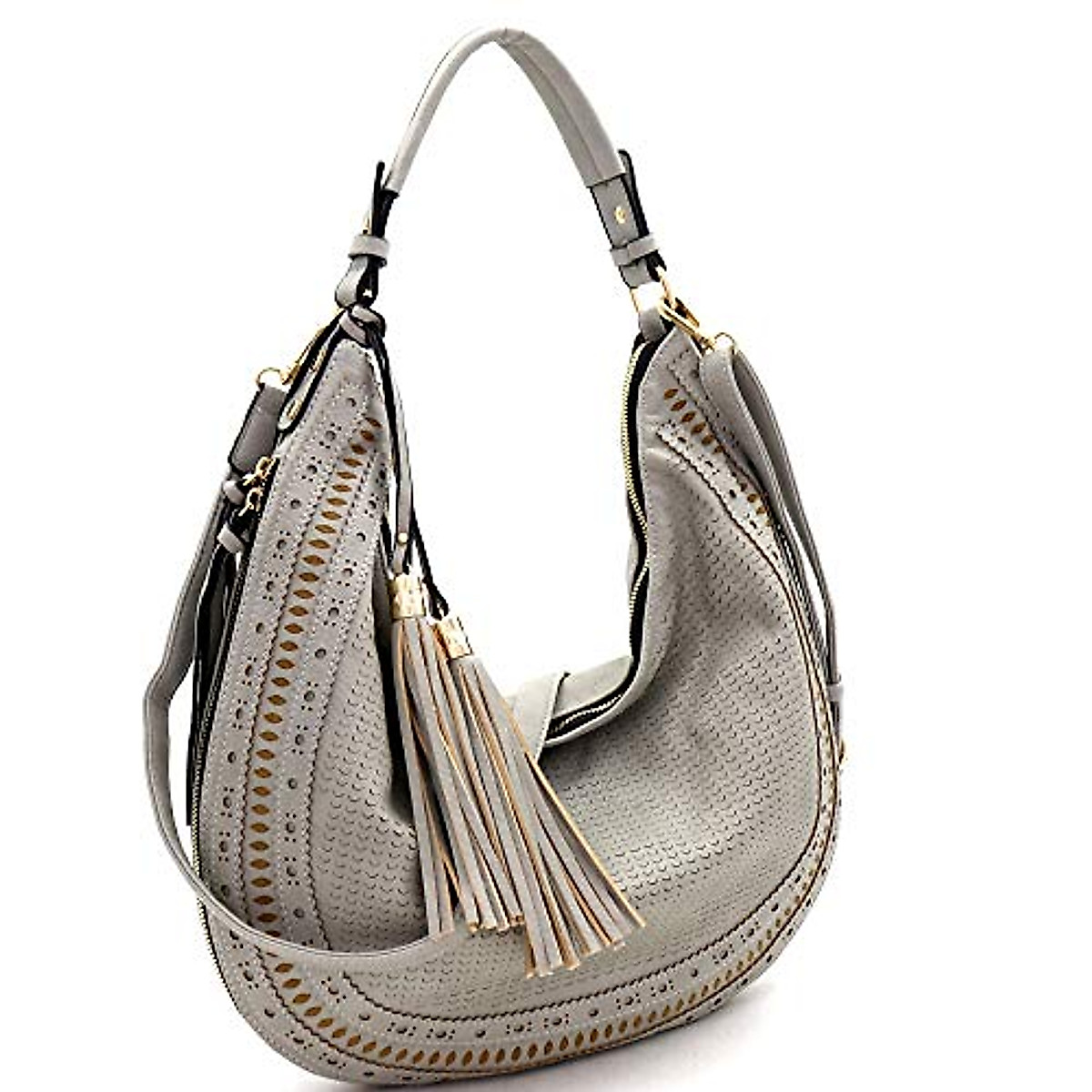 Boho Tassel Expandable Soft Vegan Leather Straw Large Hobo Bag Purse Handbag (Lightweight Laser-cut Hobo - ZBlack)