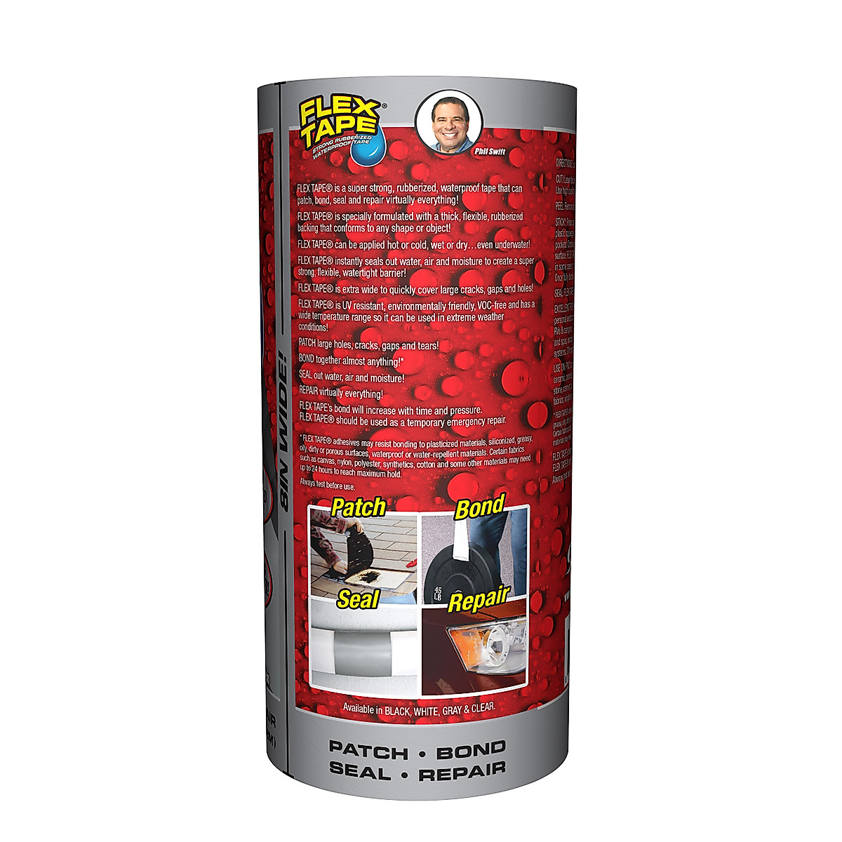 Flex Tape, 8 in x 5 ft, Gray, Original Thick Flexible Rubberized Waterproof Tape - Seal and Patch Leaks, Works Underwater, Indoor Outdoor Projects - Home RV Roof Plumbing and Pool Repairs