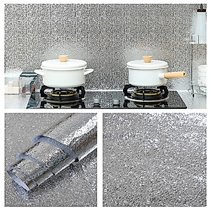 Kitchen Backsplash Stickers Self Adhesive Aluminum Foil Wallpaper, Oil Proof Heat Resistant Kitchen Wall Stickers for Cabinet Countertops Drawer Liner Shelves (15.7Inch x 16.4Ft)