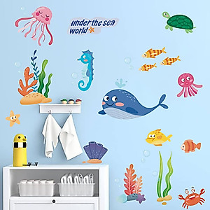 Runtoo Under The Sea Wall Stickers Whale Fish Jellyfish Wall Decals Bathroom Kids Bedroom Baby Nursery Wall Decor