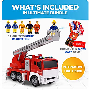 FUNERICA Fire Truck with Water Hose Pump, Flashing Lights, Siren Sounds, Extending Ladder, 5 Fireman, Firefighter Figures, Powered Firetruck Engine, Best Toy Gift for Toddlers, Kids, Boys, and Girls