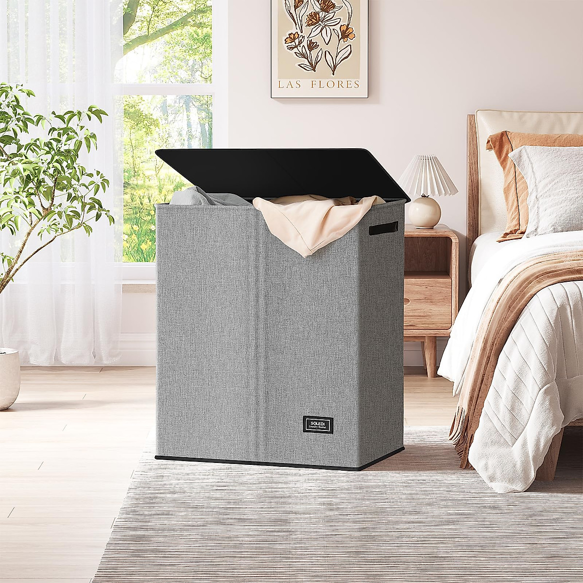 SOLEDI Luxury Double Laundry Hamper with Lid and Handle, Laundry Basket 2 Section with Removable bag, Collapsible Dirty Clothes Hampers for Laundry, Bedroom, Dorm, College