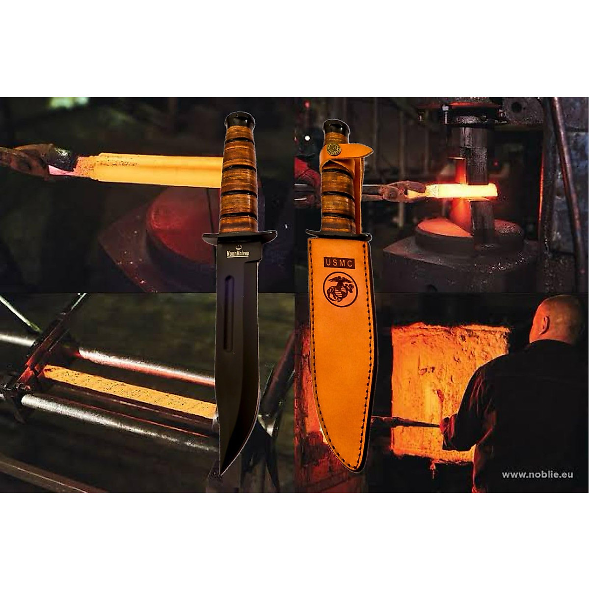 NoonKnives usmc Combat Fighter Knife with Leather Sheath - Stainless Steel Blade, Clip Point, Heat Treated Finish, Stacked Leather Handle, Your Camping and Survival Fixed Blade - Length 13