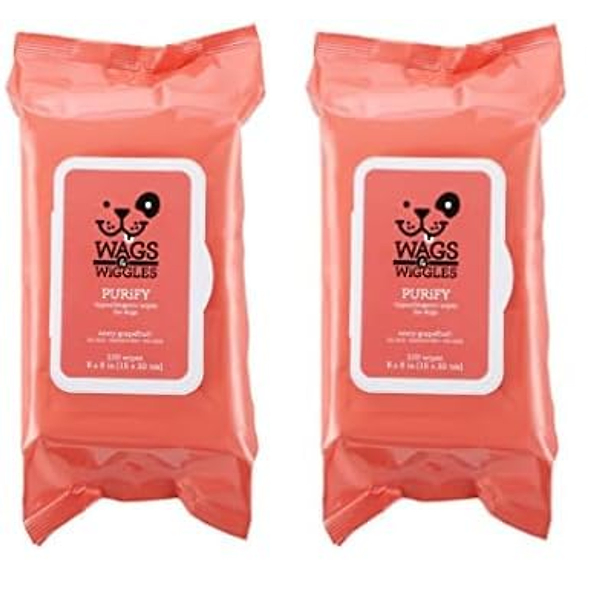 Wags & Wiggles Purify Hypoallergenic Wipes for Dogs | Gently Clean & Condition Your Dog's Coat Without A Bath | Zesty Grapefruit Scent Your Dog Will Love, 100 Count (Pack of 2)