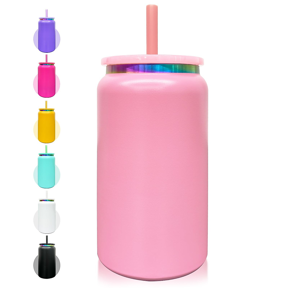 Glass Cups with Lids and Straws, 16 oz Stainless Steel Cups, Insulated Skinny Tumbler, Powder Coated Travel Mugs for Laser Engrave, Iced Coffee Cup for Smoothie Water DIY Gift (Pink,1 pack)