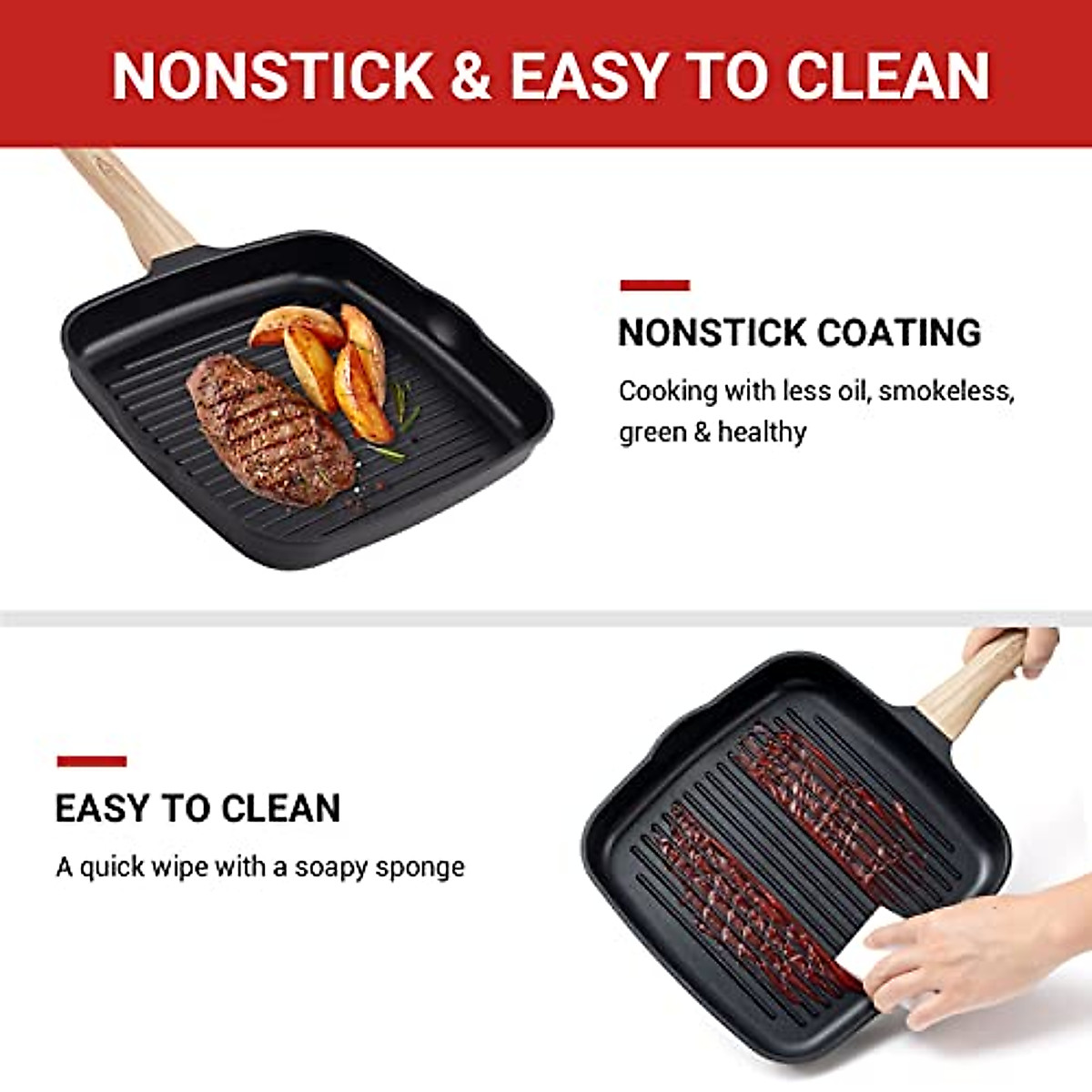 Sakuchi 11 Inch Grill Pan for Stove Tops Induction Compatible，Nonstick Square Griddle Pan for Grilling, Frying, Sauteing