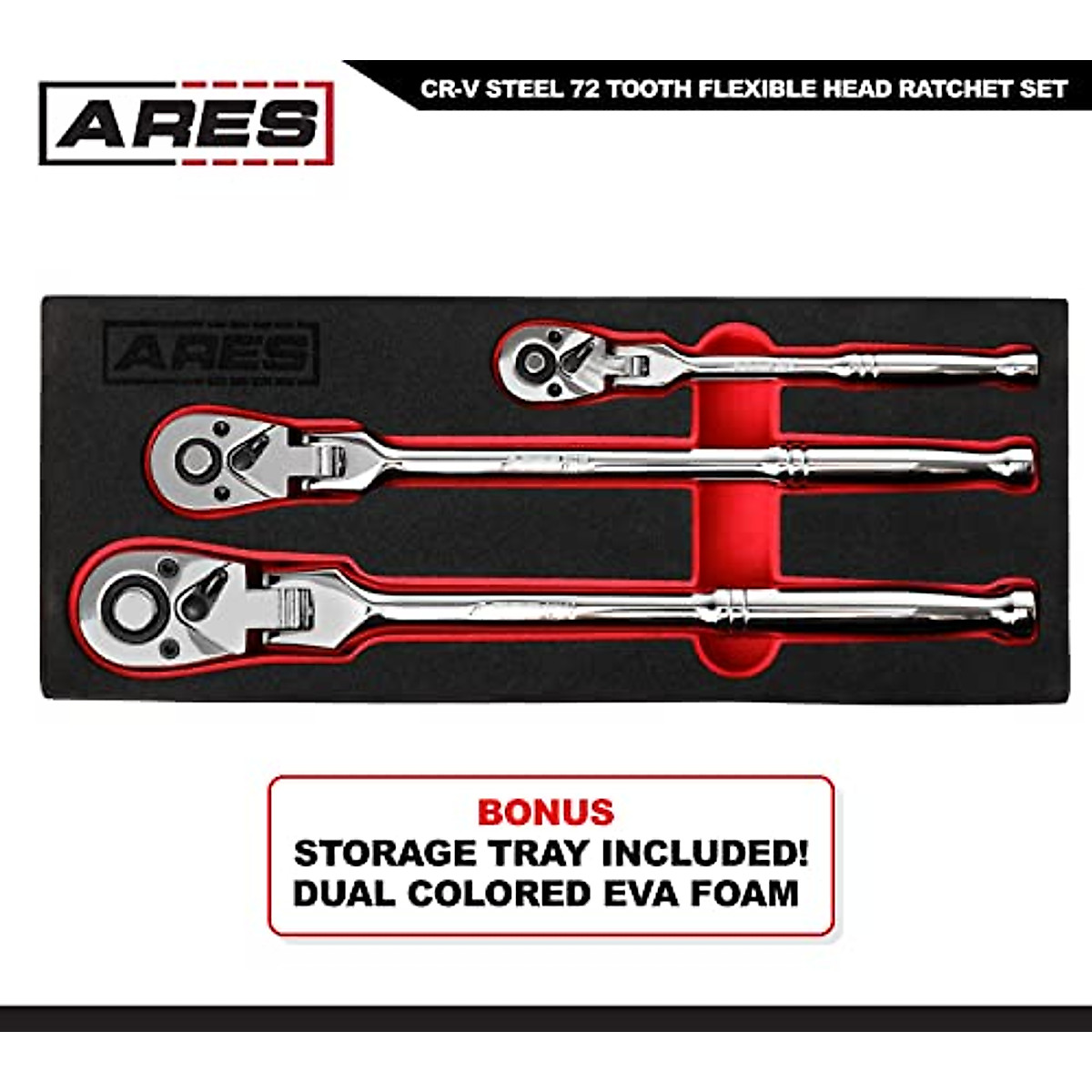 ARES 42028-3-Piece 72-Tooth Flex Head Ratchet Set - Premium Chrome Vanadium Steel Construction & Chrome Plated Finish - 72-Tooth Quick Release Reversible Design with 5 Degree Swing