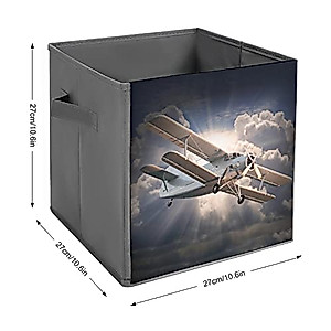 Retro Style Biplane PU Leather Collapsible Storage Bins Canvas Cube Organizer Basket with Handles