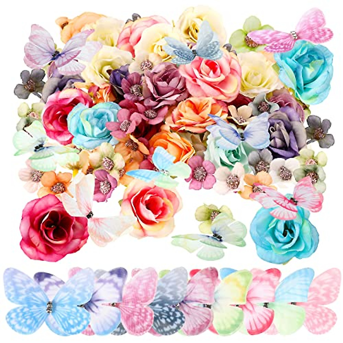 204 Pcs Faux Floral Heads Organza Butterfly Set Artificial Silk Mini Flowers Daisy Rose Small Fake Flowers Heads 3D 2 Layers Butterflies for Crafts Car Cake Wedding Party Decorations DIY Embellishment