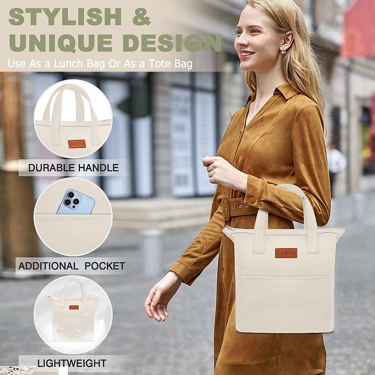 KUBYA Lunch Box for Women, Lunch Bag for Women Men Adult Simple Reusable Lunchbox Insulated Lunchbag Large Capacity Lunch Boxes Cute Cooler, with Food Storage Bags for Work, Office or Picnic (Beige)