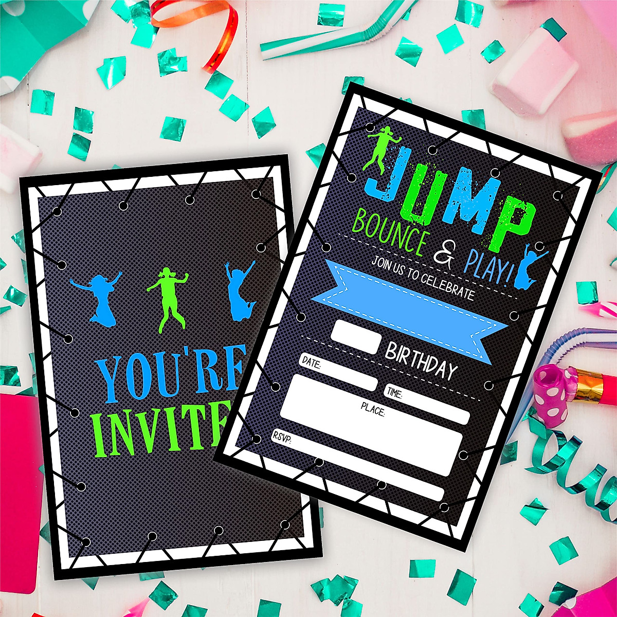 Jump Bounce & Play Birthday Invitations, Trampoline Birthday Party Invites Decorations, Kids Adults Birthday Party And Events Supplies, 20 Fill-In Invites Cards With Matching Envelopes（YQK-B01）