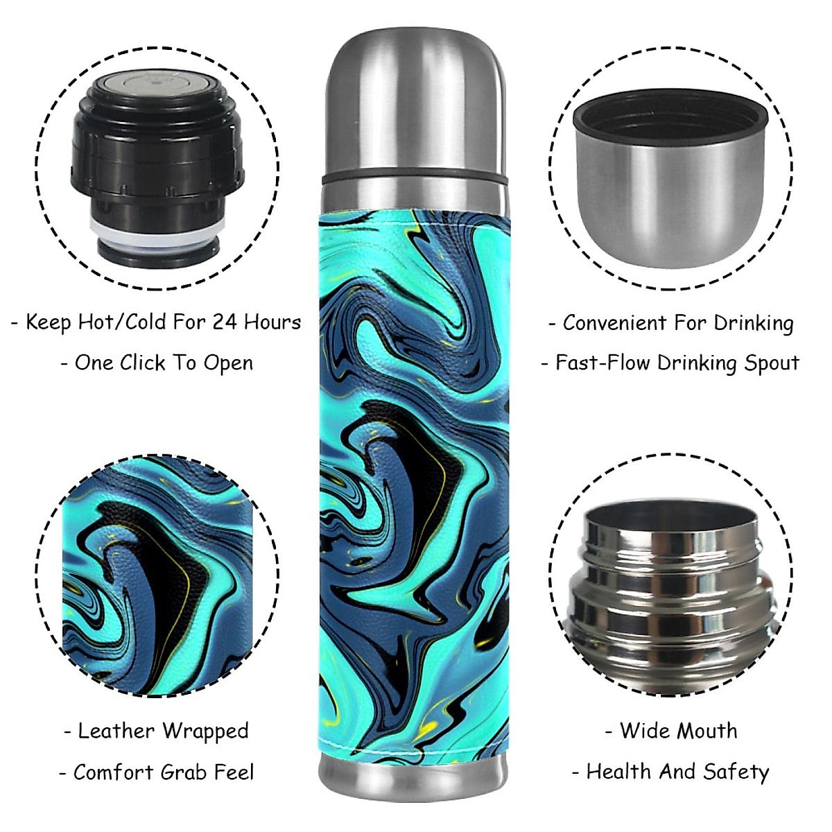 Stainless Steel Leather Vacuum Insulated Mug Abstract Texture Thermos Water Bottle for Hot and Cold Drinks Kids Adults 16 Oz