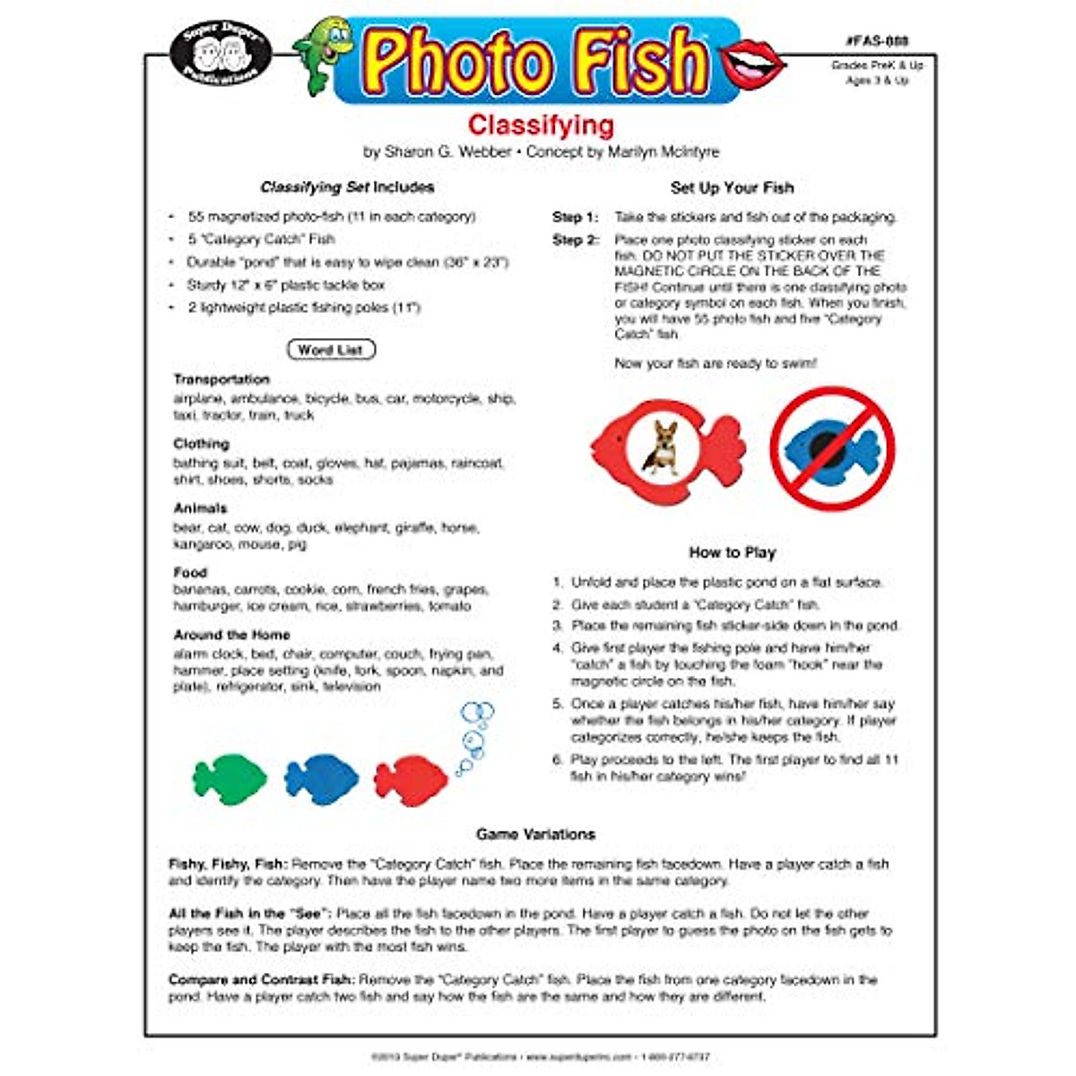 Super Duper Publications | Classifying Photo Fish- Transportation, Clothing, Animals, Food, and Around The Home Vocabulary Magnetic Game | Educational Materials for Children