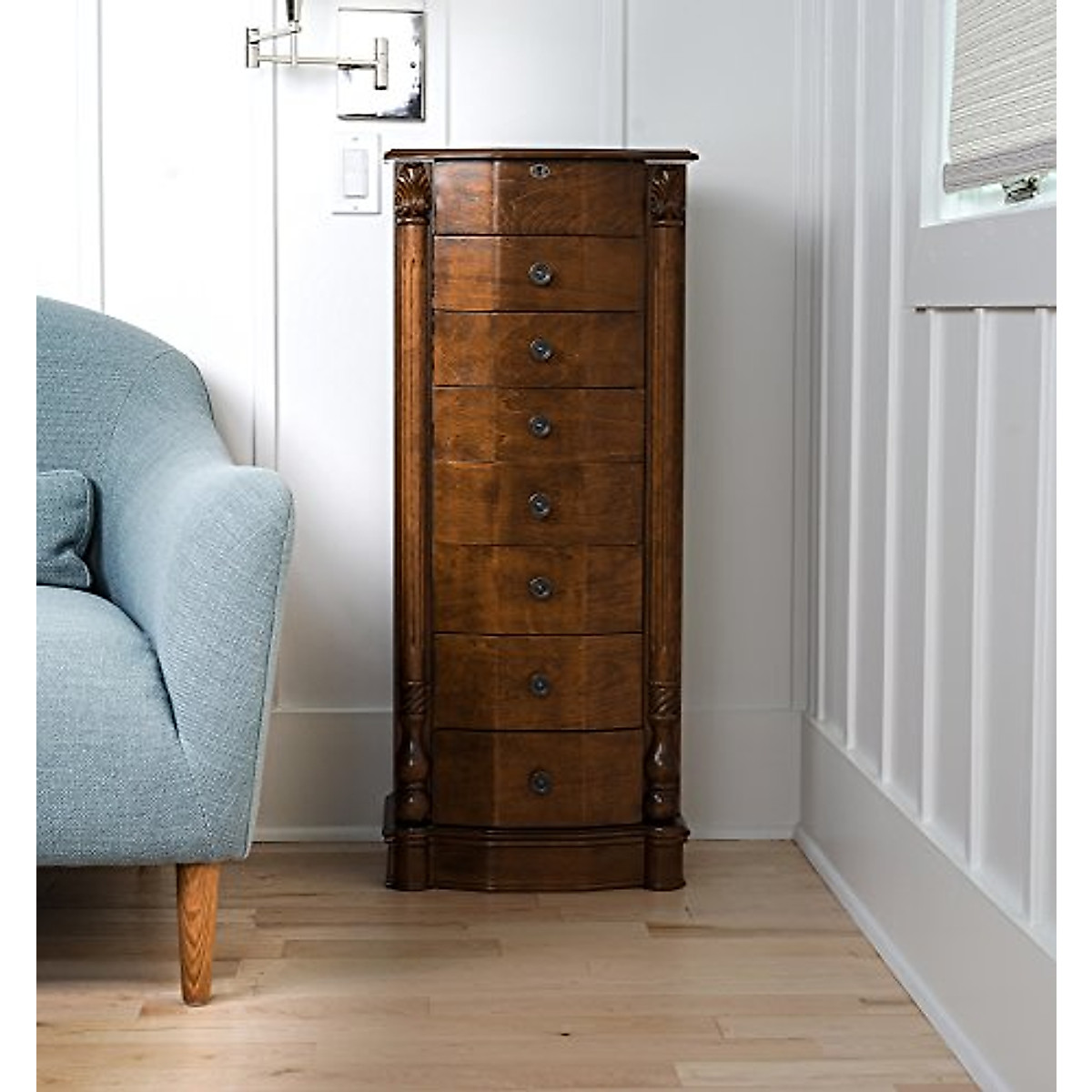 Hives and Honey Annette Standing Jewelry Armoire, Locking Jewelry Cabinet, 7 Drawers, Necklace Hooks, Mirror, Secure Storage, Dual-Sided Doors, Handcrafted Antique Finish, Elegant Organizer, Walnut
