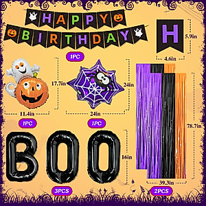 Halloween Birthday Party Decorations Supplies Include Halloween Birthday Banner Fringe Curtain Tablecloth Spider Web Cake Topper Tattoo Stikers for Halloween Themed Birthday Party Decorations