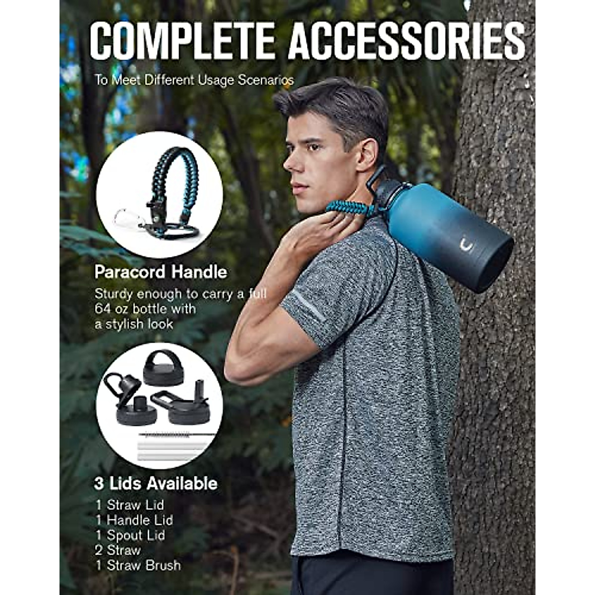 Coolplus 64 oz Insulated Water Bottle with Paracord Handle & 3 Lid, Half Gallon Water Bottle Food-grade Vacuum Large Water Jug Flask, Keep 24H Hot 48H Cold, Leak Proof & BPA-Free,