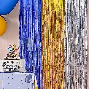 LOLStar 2 Pack Navy Blue Gold and Silver Party Decorations 3.3X6.6 ft Each Foil Fringe Tinsel Curtains Backdrop, Streamers - Perfect for Birthdays, Showers, Retirement， Graduations, Weddings