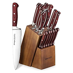 Knife Set, 15 Pcs Emojoy Kitchen Knife Set with Block Wooden, Manual Sharpening for Chef Knife Set, Stainless Steel Professional Knife for Kitchen