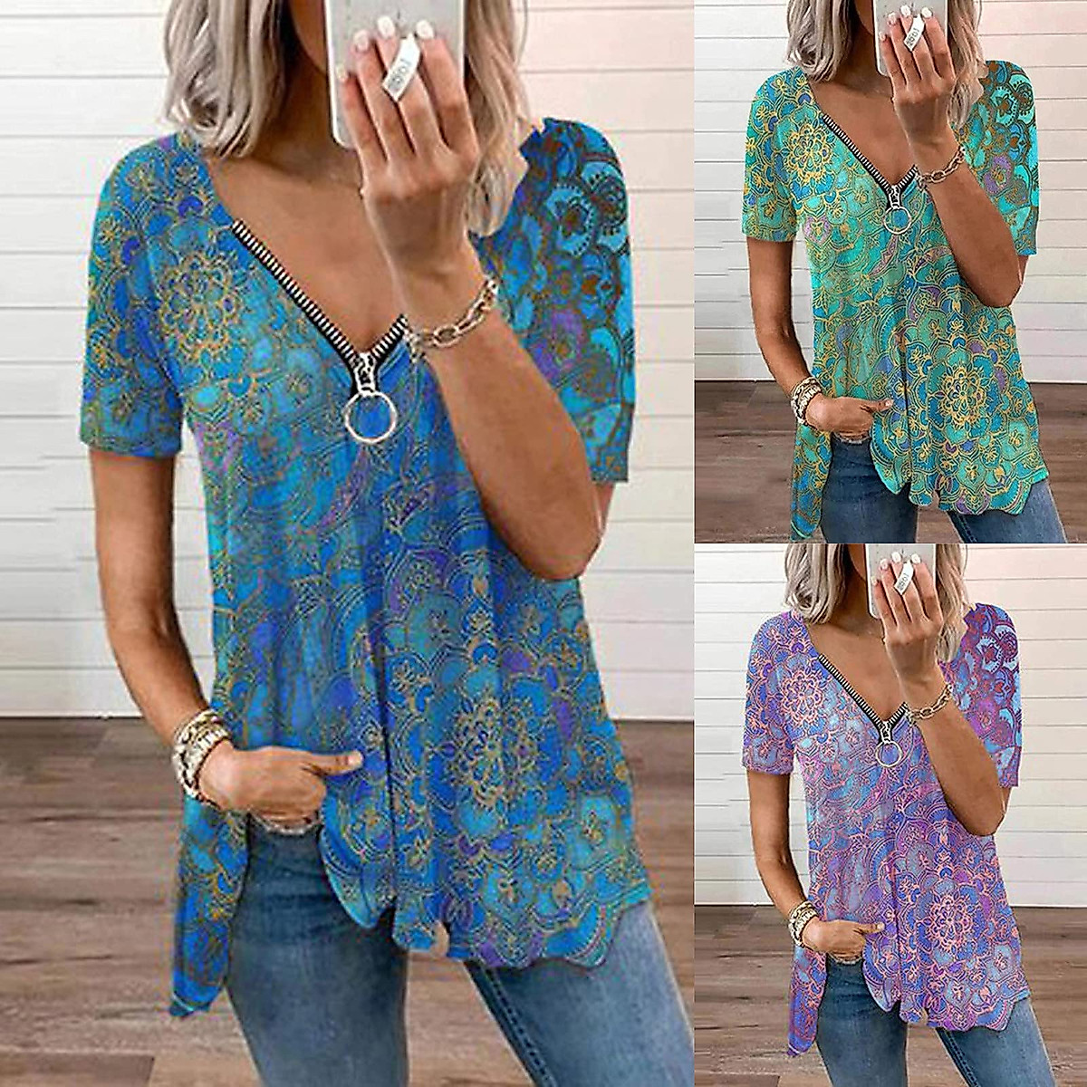 KHIIen Women Causal 1/4 Zip Pullover Short Sleeve Collar Sweatshirts Printing Activewear Lightweight Running Jacket