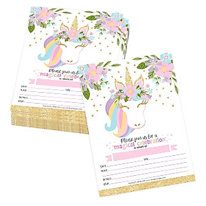 Hadley Designs 25 Pastel Unicorn Kid Party Invitation, Birthday Royal Princess Queen Crown Girl Bday Invite, Magical Rose Pink Gold Floral Glitter Rainbow Bday Idea, Magic Fairytale Printable Template
