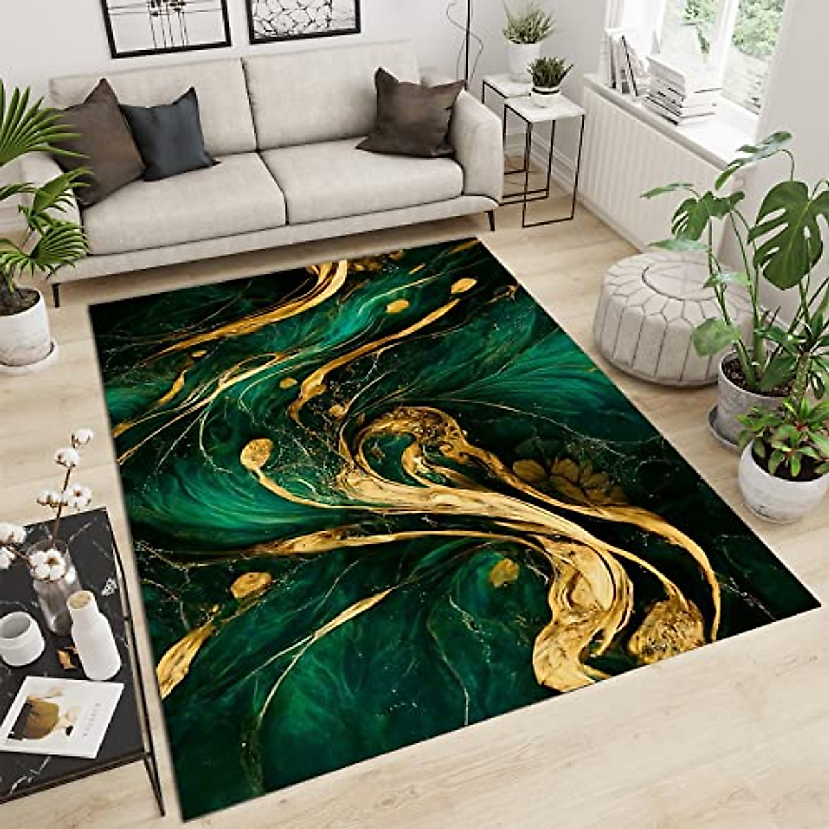 WJJFA Green Gold Ink Area Rug, Abstract Decorative Living Room Rug, Dining Room Rug Soft Washable Comfortable for Dormitory Apartment Balcony Sofa-5ft×8ft