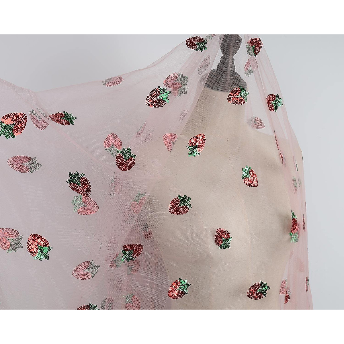 Lovely Sequins Embroidered Strawberry Net Fabric Lightweight Tulle Netting for Sewing Dresses - 60 inches Wide, 2 Yards Precut - Pink