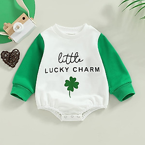 Chloefairy Newborn Baby Girl Boy St Patricks Day Outfit Little Lucky Charm Romper Sweatshirt Onesie Bodysuit Infant Jumpsuit (Green-little LUCKY CHARM, 6-12 Months)