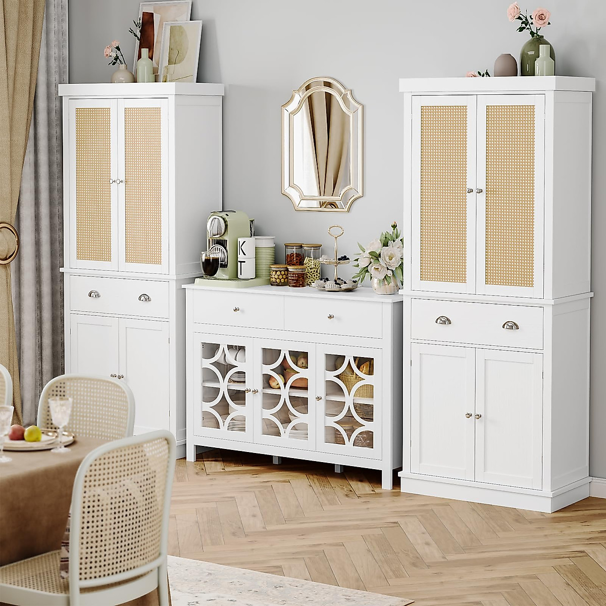 FACBOTALL 72.4” Kitchen Pantry Cabinet, Freestanding Cupboard with Rattan Doors and Large Drawer, Utility Pantry Cabinet, Tall Kitchen Pantry Storage Cabinet for Kitchen, Dining Room, White