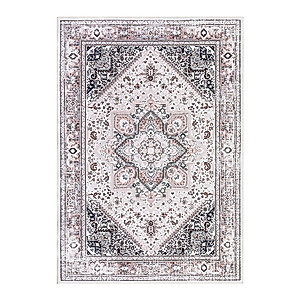 GAOMON Washable Area Rug 8x10 Bohemian Rug Soft Low-Pile Washable Rug with Non-Slip Backing, Grey Plant Floral Pattern Vintage Rug for Living Room Bedroom Dining Home Office,8x10
