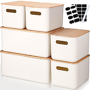 Suzile 6 packs Plastic Storage Bins with Bamboo Lids Stackable Storage Containers for Organizing, with Labels and Marker Document Paper Storage(Multiple Size)