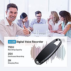 64GB Voice Recorder, Telele Digital Audio Recorder with 750 Hours Recording Capacity and 25 Hours Battery Time, Ideal for Meeting Lecture Interview Class