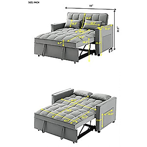 Antetek Convertible Sleeper Sofa Bed, 3 in 1 Velvet Loveseat Futon Sofa Couch with Pullout Bed, Small Love seat Lounge Chaise Armchair with Reclining Backrest, Toss Pillow for Living Room, Grey, 55"