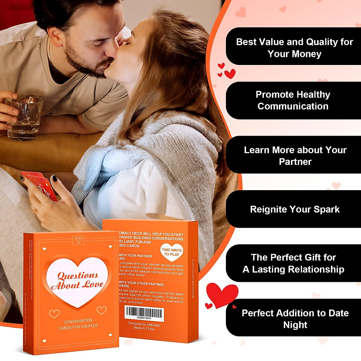UMONIE Conversation Cards for Couples, Fun Questions Couples Games for Date Night, Cards Game for Couples to Strengthen Relationships, Romance, Trust - Valentine's Day Couples Gifts for Him/Her/Them