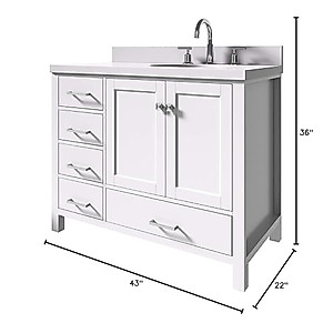 ARIEL Bathroom Vanity 43" Inch in White with Pure White Quartz Countertop, Right Offset Oval Sink 2 Soft Closing Doors and 5 Full Extension Dovetail Drawers, No Mirror