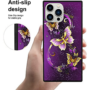 SAKUULO iPhone 13 Pro Max Case,[Screen Protector + Kickstand] Square Cute Purple Butterfly Print Design Soft TPU Edge Protection Shock Absorption Slim Hard PC Case for iPhone 13 Pro Max 6.7 Inch
