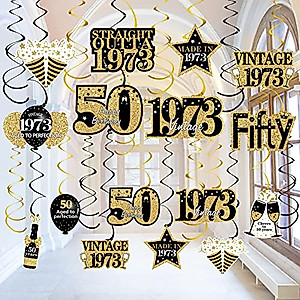30pcs 50th Birthday Decorations Hanging Swirls for Men Women, Black Gold Vintage 1973 50th Birthday Foil Swirls Party Supplies, Fifty Year Old Birthday Ceiling Hanging Decorations