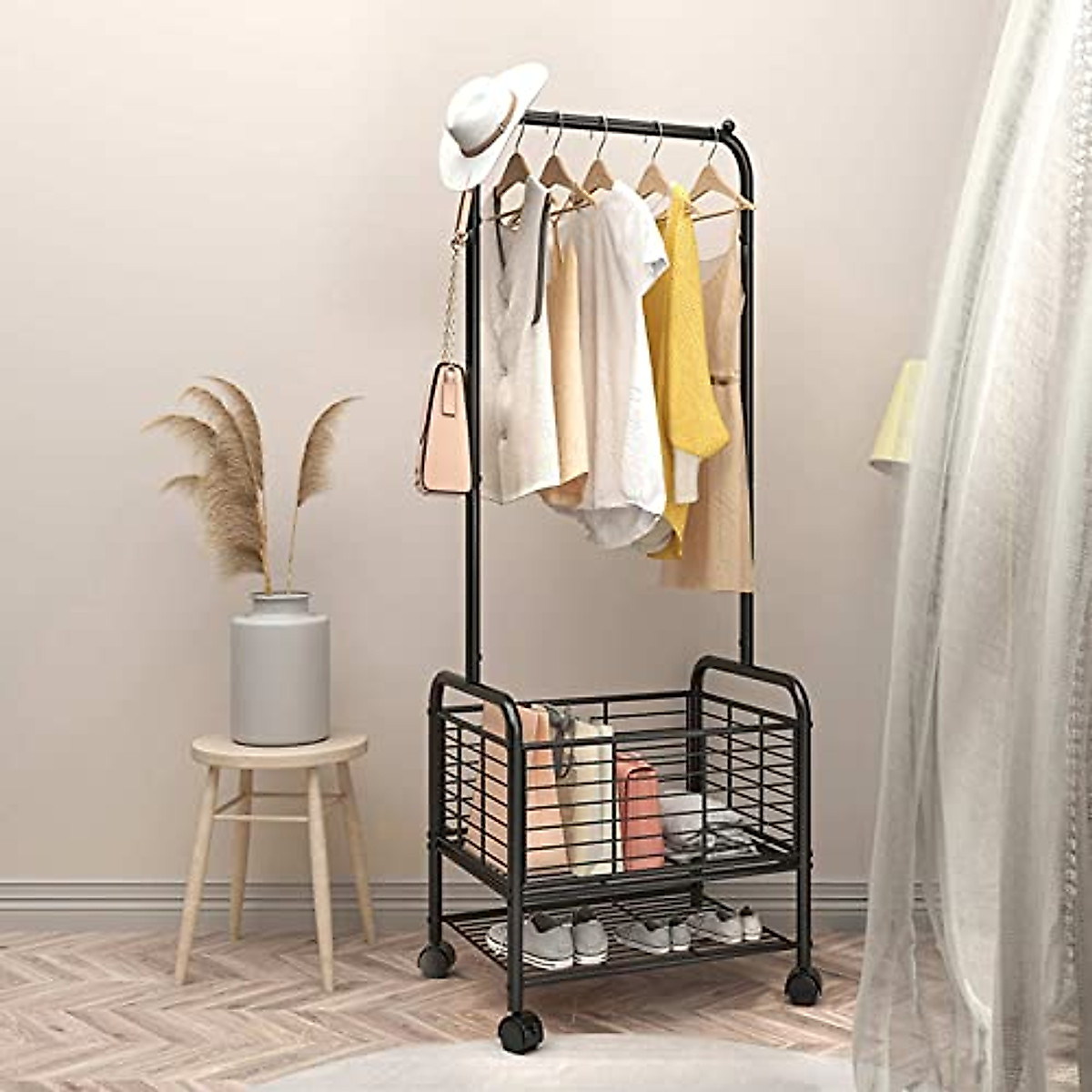 Laundry Cart with Clothes Rack,Rolling Laundry Hamper Basket Cart with Metal Wire Storage Rack and Hanging Rack ，Laundry Butler Garment Rack Storage Rack