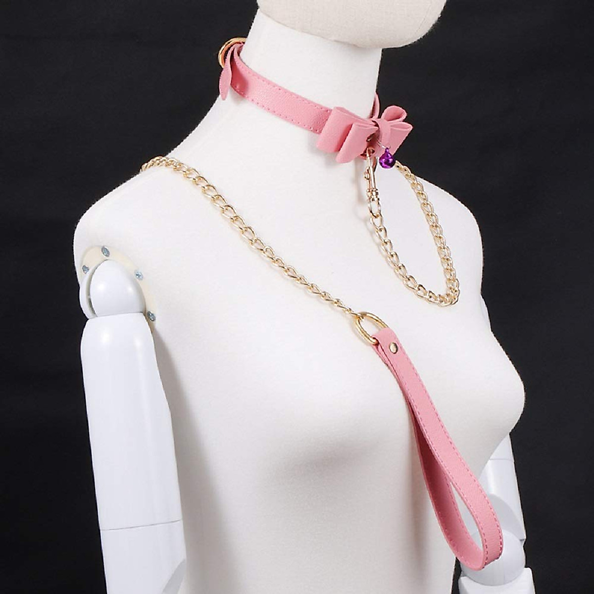 LEWECEEO PU Leather Kitty Bell Collar Choker Cosplay Bowknot Collar Choker with Golden Chain Leash for Women Girls (Pink)
