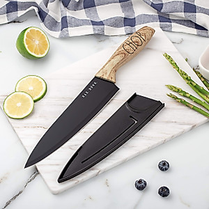 Rae Dunn Everyday Collection Set of 5 Stainless Steel Knives with Sheaths- Chef, Paring, Bread, Santoku Knives- (Black)