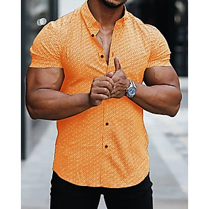Men's Athletic Dress Shirts Casual Regular Fit Printed Short Sleeve Muscle Button Down Shirts Orange 3XL