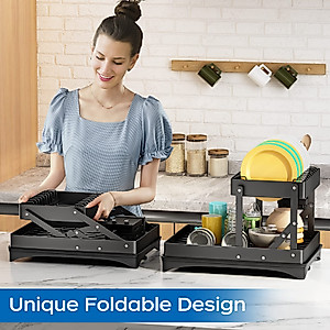 PXRACK Dish Drying Rack,Stainless Steel Dish Racks for Kitchen Counter Two Tier Collapsible Dish Racks for Storage Dishes Foldable Dish Drainer with Utensil Holder Organizer Dryer with Drainboard