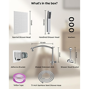 Hibbent All Metal 10'' Rainfall Shower Head, Square Shower Head Combo, High Pressure Handheld Shower Wand, 16'' Adjustable Arc-shaped Shower Extension Arm, 71'' Hose, 2 Showerhead Holders, Chrome