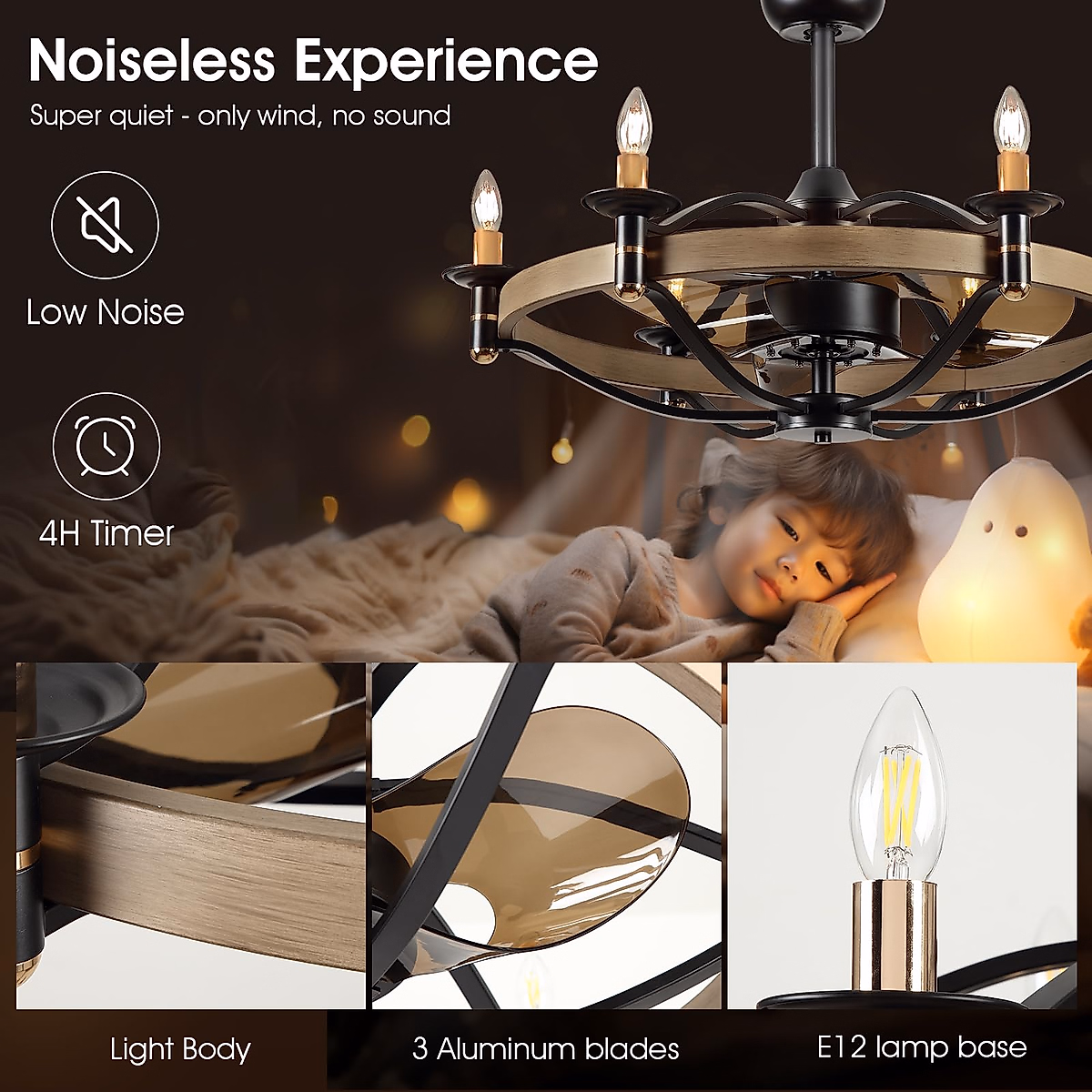 MADSHNE 32" Caged Ceiling Fans with Lights and Remote, Modern Farmhouse Fan Light for Living Room,Black Rustic Chandelier Candles,Reversible(Bulbs Included)