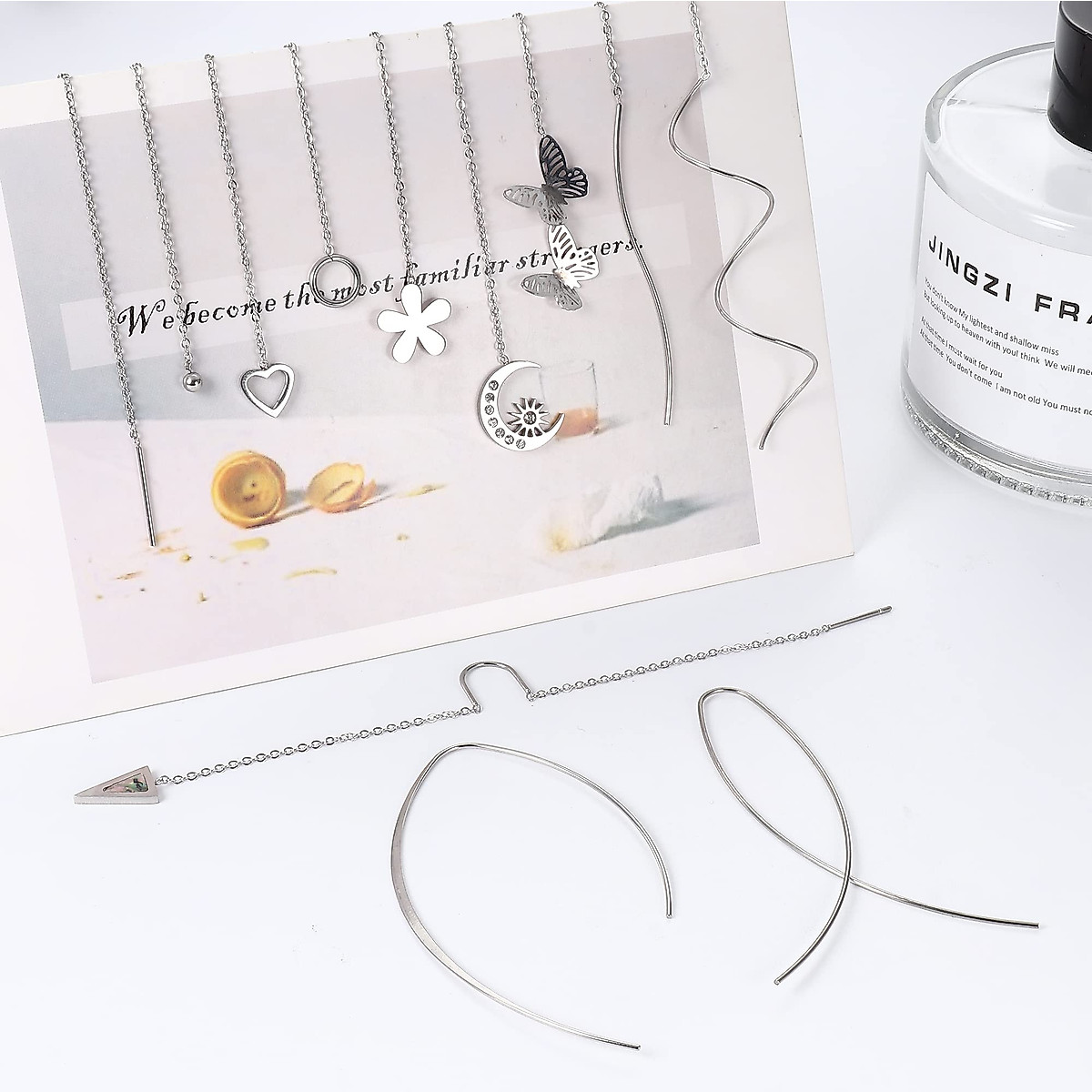 Sanfenly Threader Earrings for Women Stainless Steel Bar Dagger Heart Flower Moon Star Sun Butterfly Threader Drop Dangle Earrings Curved Spiral Wire Lightweight Long Tassel Chain Threader Earrings