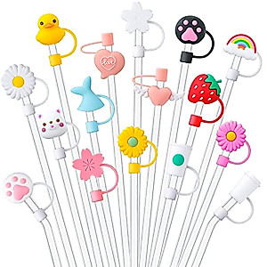 16 Pieces Reusable Drinking Straw Tips Lids Anti-dust Silicone Straw Caps for 7-8 mm Straws Airtight Seal Splash Proof Straw Tips Covers (Flower Animal Style)