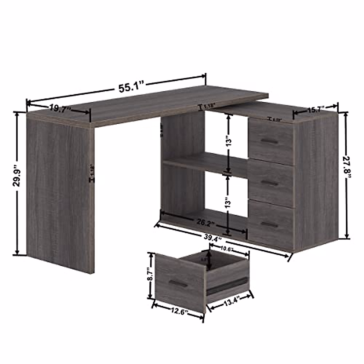HSH L Shaped Desk with Drawers, L Shape Computer Desk with Storage Cabinet Shelves, Reversible Modern Industrial Home Office Corner Desk, Rustic Wood Executive Writing Gaming Study Table, Gray 55 Inch