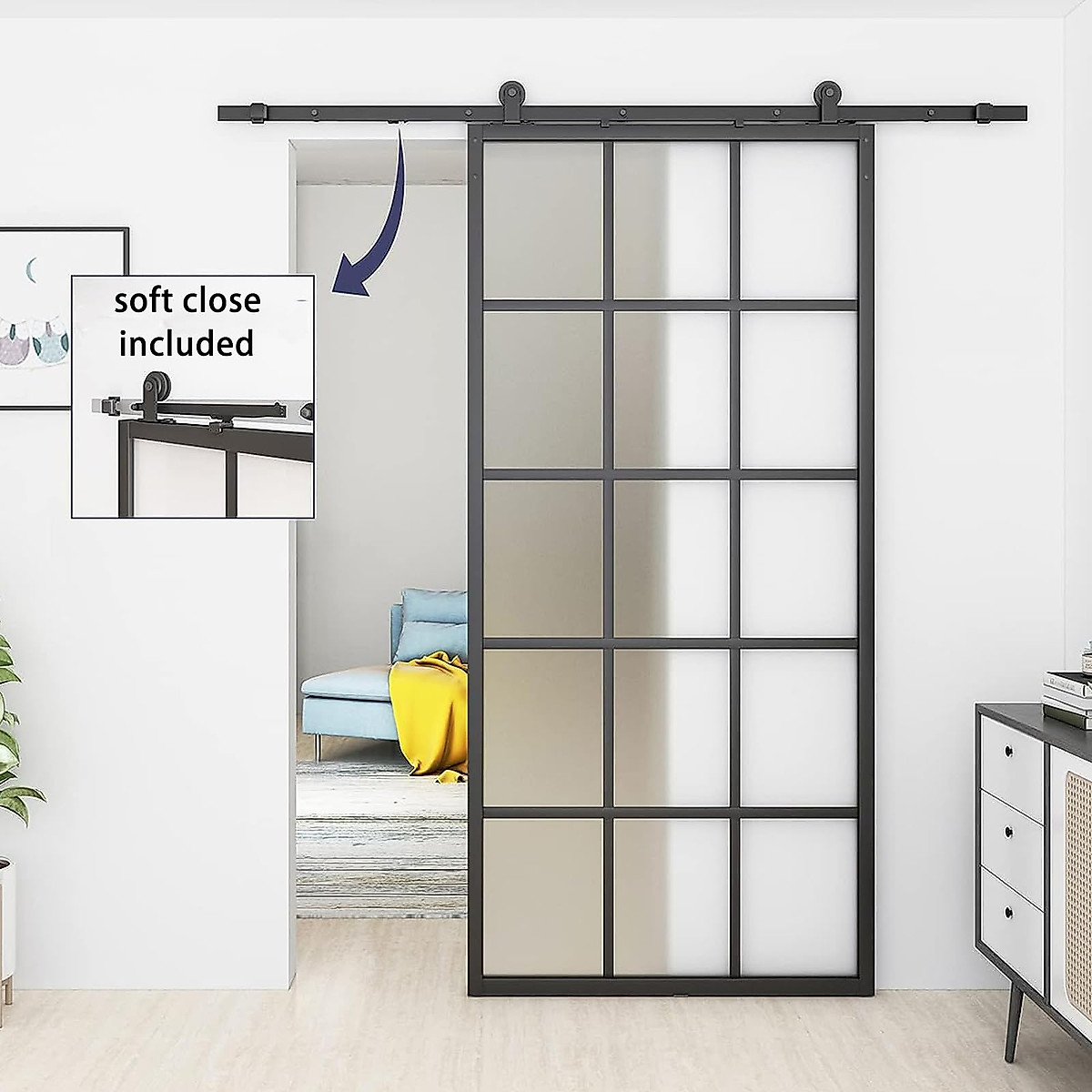 BARNSMITH 42in x 84in Frosted Glass Barn Door with 7FT Top Mounted Hardware kit Include Soft Close Mechanism DIY 15 Lites Modern Aluminum Frame Glass Sliding Barn Door Disassembled Easy Installation