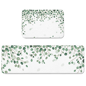 Kitchen Mat Set of 2 Anti-Fatigue Kitchen Rug, Watercolor Green Eucalyptus Nature Non-Slip Kitchen Mats and Rugs, Kitchen Doormat Runner Rug for Floor Home Office Sink Laundry, Spring Plant Green Leaf